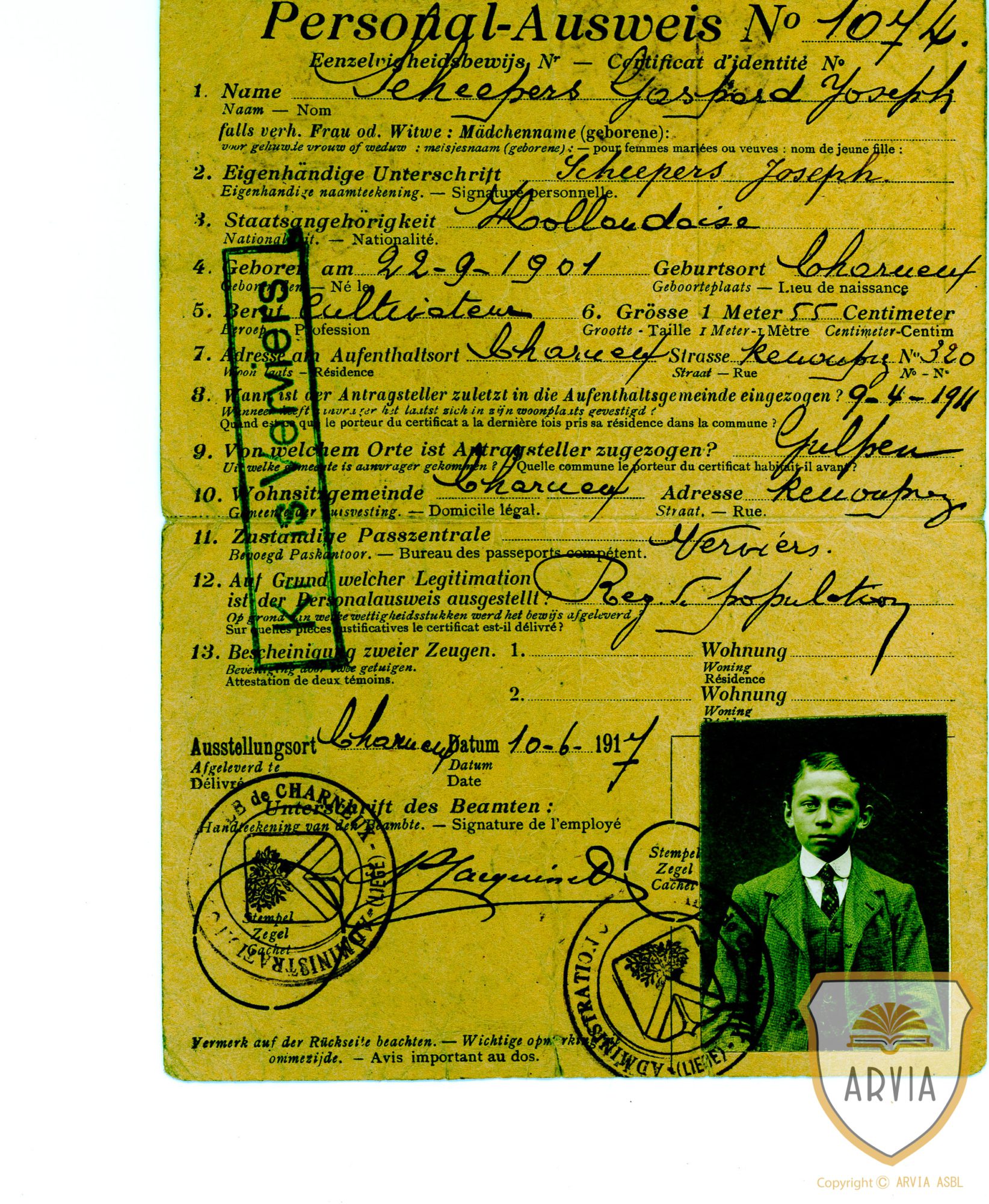 CHARNEUX - 1917 - Personal Ausweis (Gaspard Joseph Schepers) - ARVIA ...