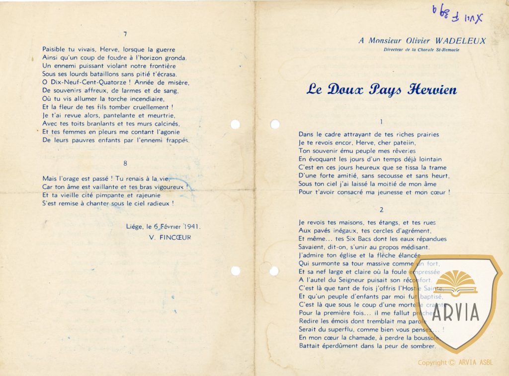 HERVE - 1941 - Chanson 'Le Doux Pays de Herve' - ARVIA Archives Herve