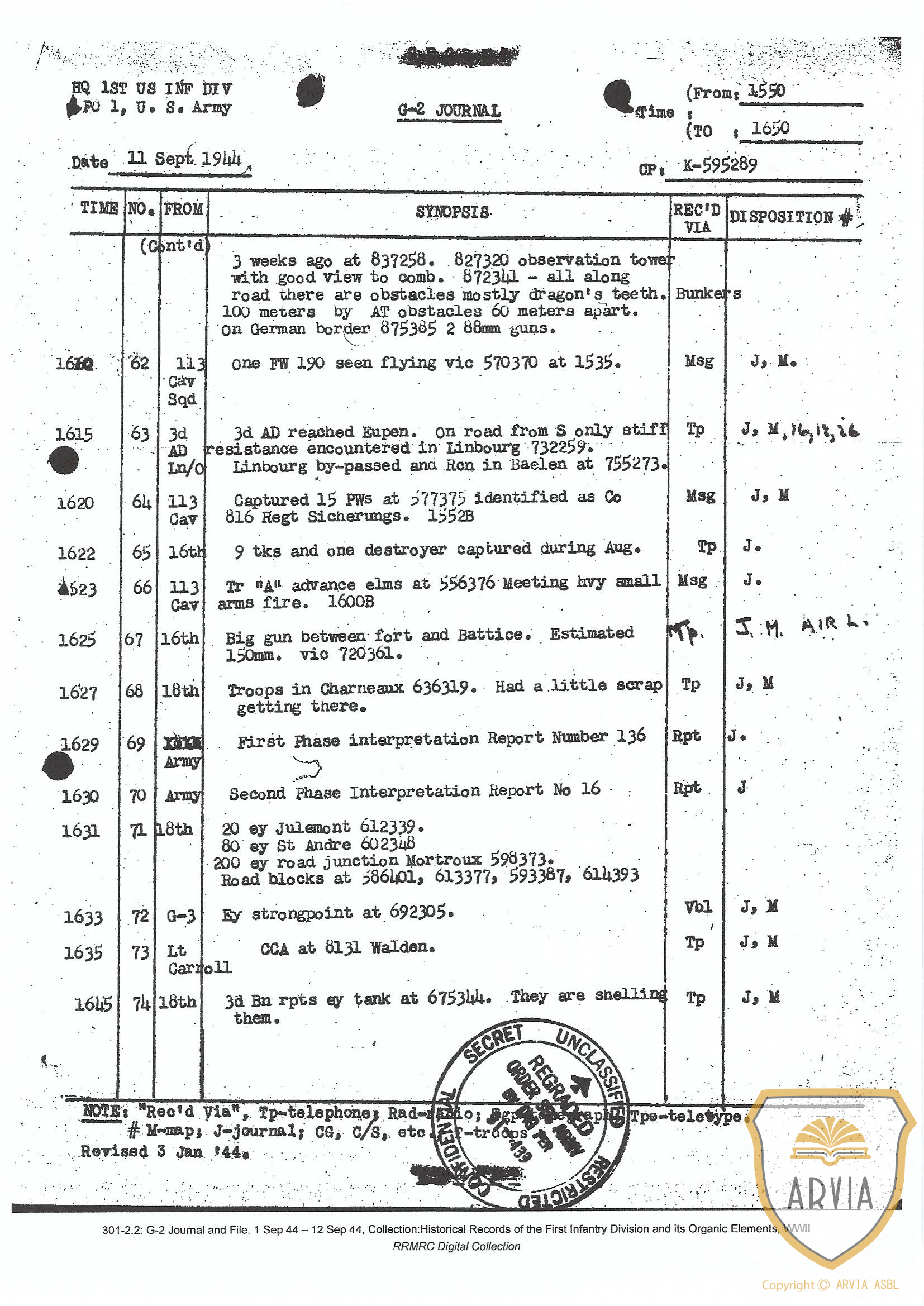 1St US Infantery – 11/09/1944 – Rapport du jour - ARVIA Archives Herve
