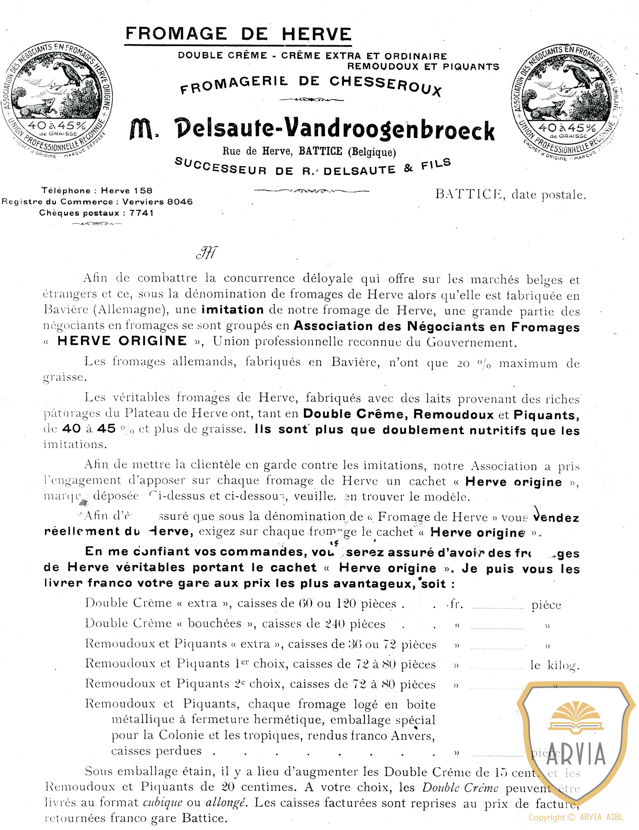 BATTICE ± 1940 - fromages de Herve - DELSAUTE - VANDROOGENBROECK ...