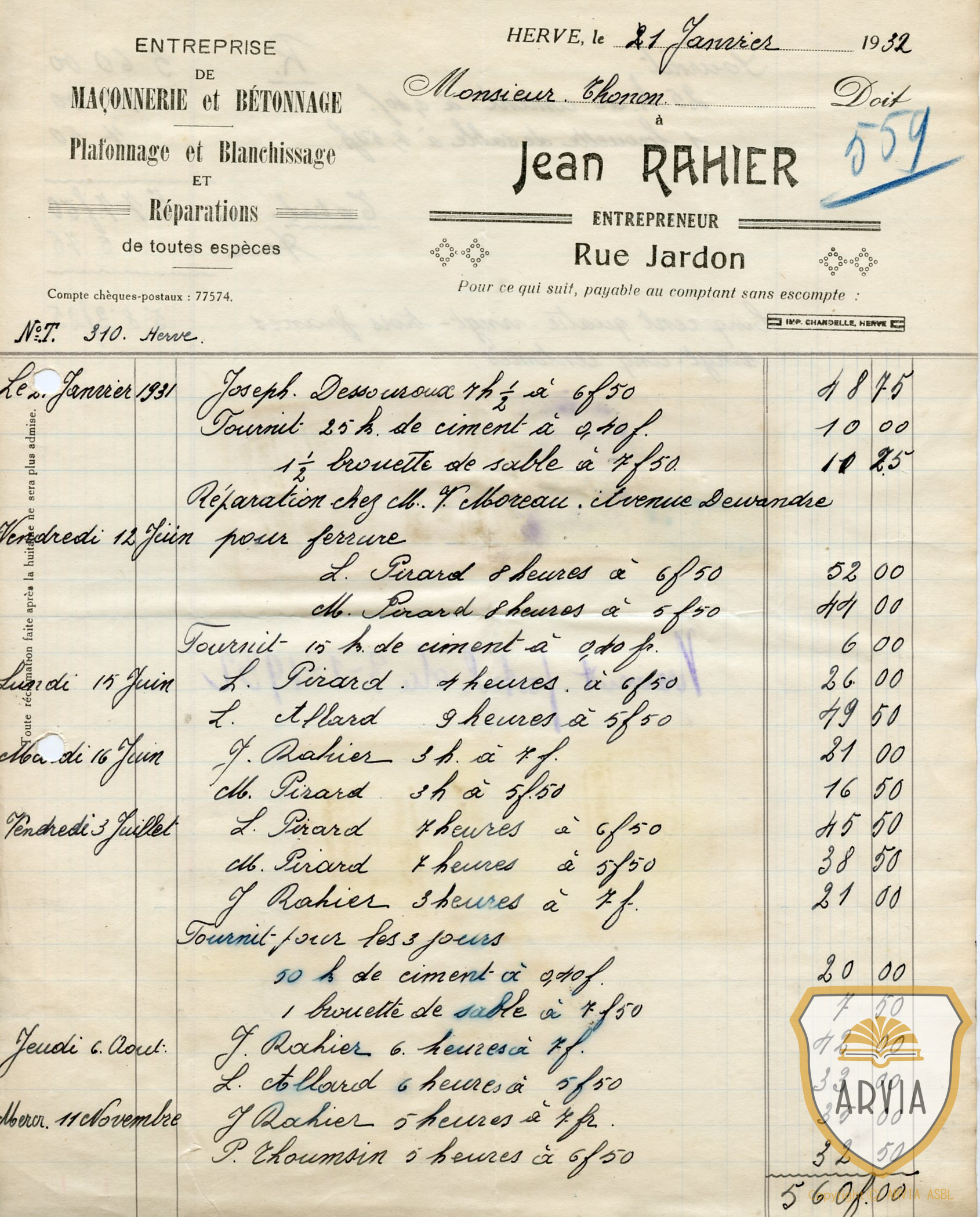 HERVE-Electricité de HERVE-1932 1 21-Facture de Jean RAHIER à La ...