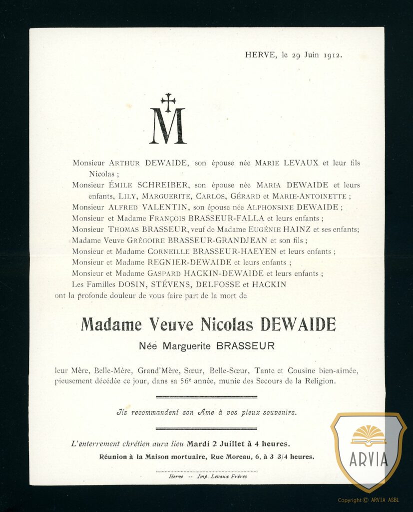 HERVE - 1912 - Vve Nicolas DEWAIDE - Marguerite BRASSEUR - avis ...