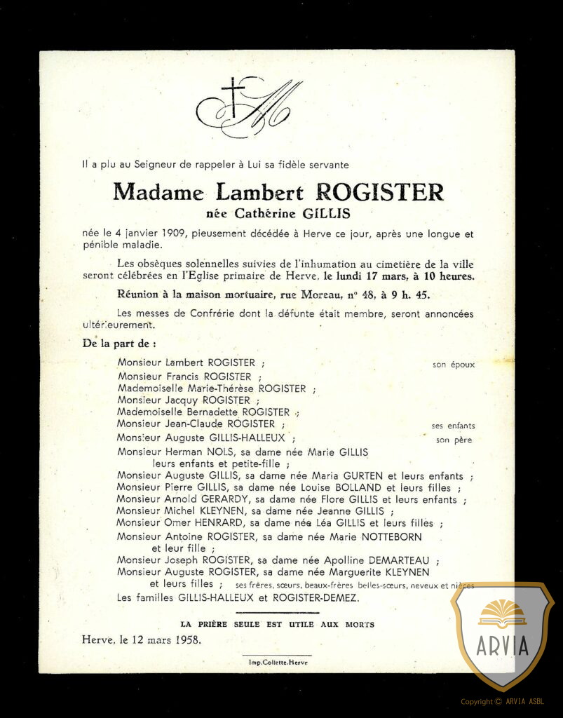 HERVE - 1958 - Me Lambert ROGISTER - Cathérine GILLIS ( née 1909 ...