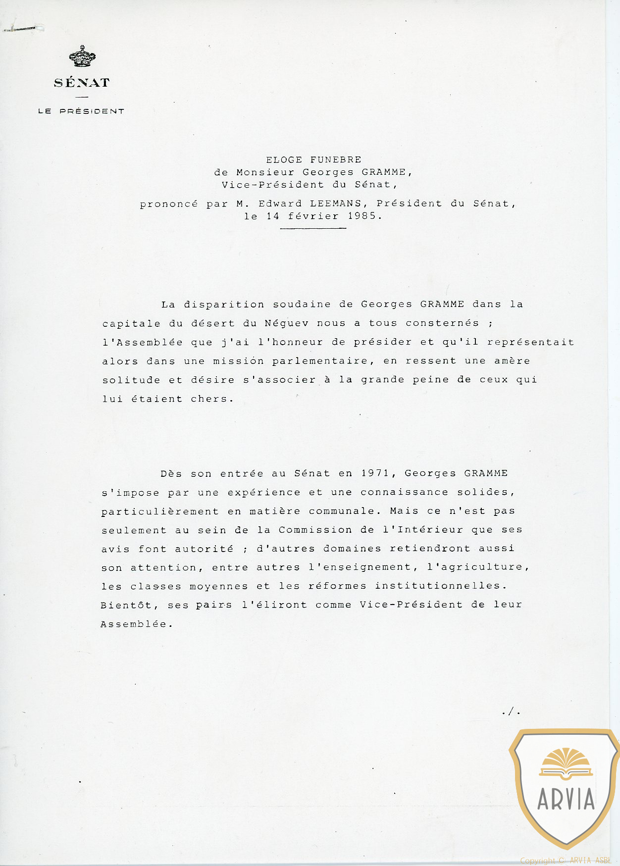 BATTICE - 1985 - Eloge funèbre aux obsèques de Georges GRAMME ...